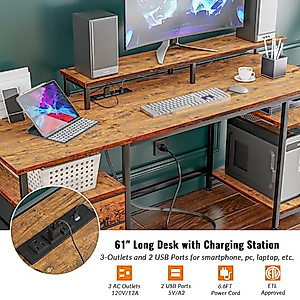 Furologee 61" Computer Desk with Power Outlet and USB Ports, Large Desk with Shelves and Drawer, Writing Study Desk with Fabric File Cabinet and Long Monitor Stand, Gaming Desk for Home Office