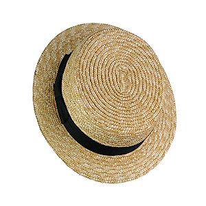 NYFASHION101 Unisex Grosgrain Ribbon Straw Skimmer Boater Hat, Black Band