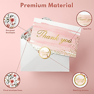 30 Thank You Cards with Envelopes Blank Gold Foil&Watercolor Bulk Box Set with Elegant Floral Envelopes &Stickers for Wedding, Baby Shower, Bridal Shower, Business, Anniversary - 4" x 6"
