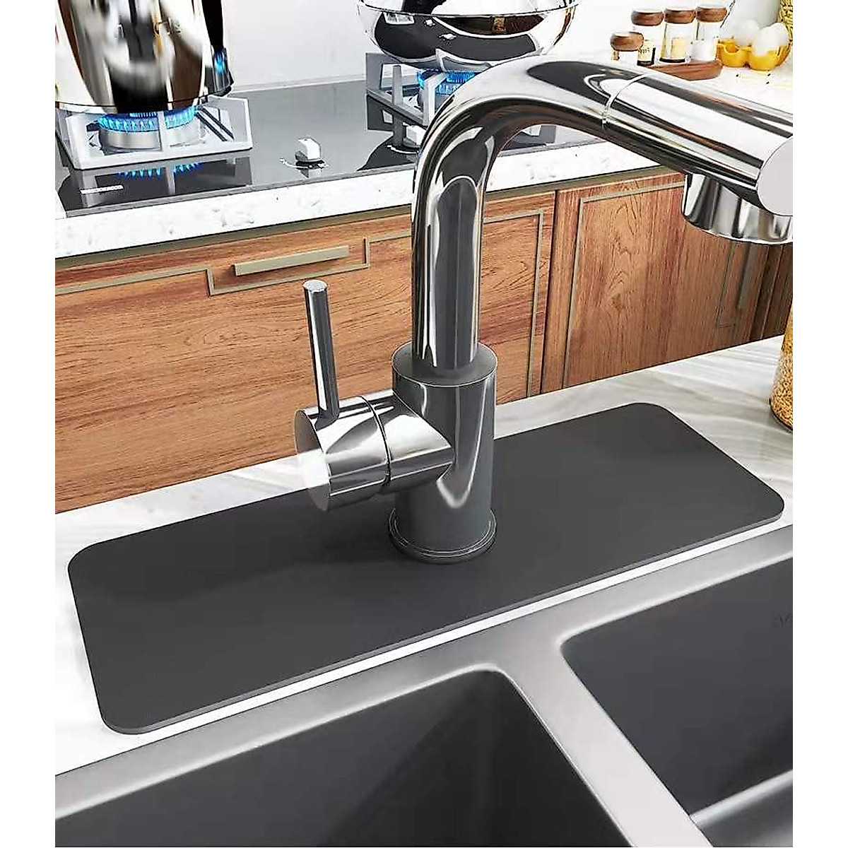 (2 PCS) KitchenGuard Sink Faucet drip Catcher mat | Absorbent Splash Behind Handle Guard Tray Rack | Kitchen Bathroom Dish Organizer Drying Counter top Protector, 15x5.5x0.2
