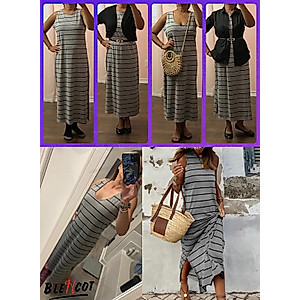 BLENCOT Womens Sleeveless Striped Racerback Maxi Sundresses Backless Beach Long Tank Dresses Gray XL