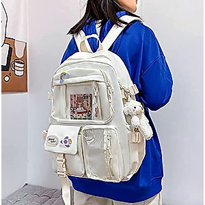 FETNHU Preppy Backpack, Kawaii Backpack with Kawaii Pin And Accessories for Girls School Cute Aesthetic Backpack (White)