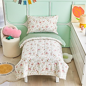 Joyreap 4 Piece Cotton Toddler Bedding Set for Girls, Pink Flowers on White Design, Soft Breathable Cotton Toddler Comforter Set, Includes Quilted Comforter, Fitted Sheet, Top Sheet, and Pillow Case