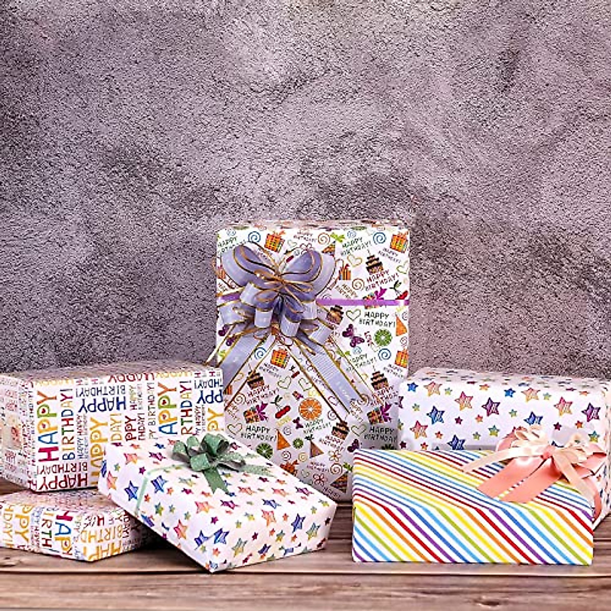 PlandRichW Birthday Wrapping Paper 12 Sheets Folded Flat for Kids, Boys, Girls, Adults. Gift Wrapping Paper Includes Happy Birthday, Star, Rainbow, Cake 4 Colorful Designs for Baby Shower, Holiday, Party 20 X 29 Inch