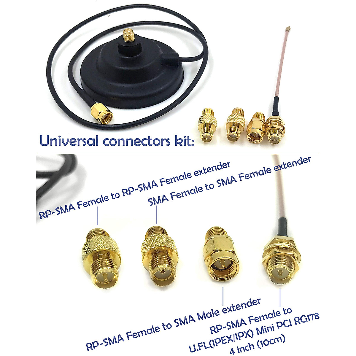 Universal Kit Dual Band Wi-Fi 9dbi Extension Long Range Omni Directional 2.4/5Ghz Antenna RP-SMA Male Connector on Magnet Base with Connectors and Extenders
