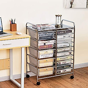 KOTEK 15-Drawer Rolling Storage Cart, Multipurpose Mobile Utility Cart with 4 Wheels, Home Office School Tools Scrapbook Paper Organizer (Clear)
