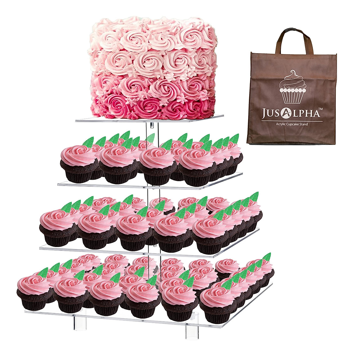 Jusalpha® 13.5'' Width Extra Large 4 Tiered Acrylic Glass Square Cake Stand-Cupcake Stand- Dessert Stand-Tea Party Serving Platter-Candy Bar Party Décor, 4SFL (Square)