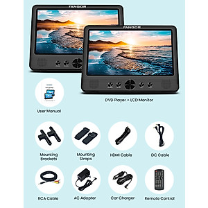 FANGOR 10.5" Portable DVD Player for Car, Car DVD Player Dual Screen with HDMI Input/Output, Support Full HD Transmission, USB/SD, 5 Hours Rechargeable Battery, Last Memory (1 Player+1 Monitor)