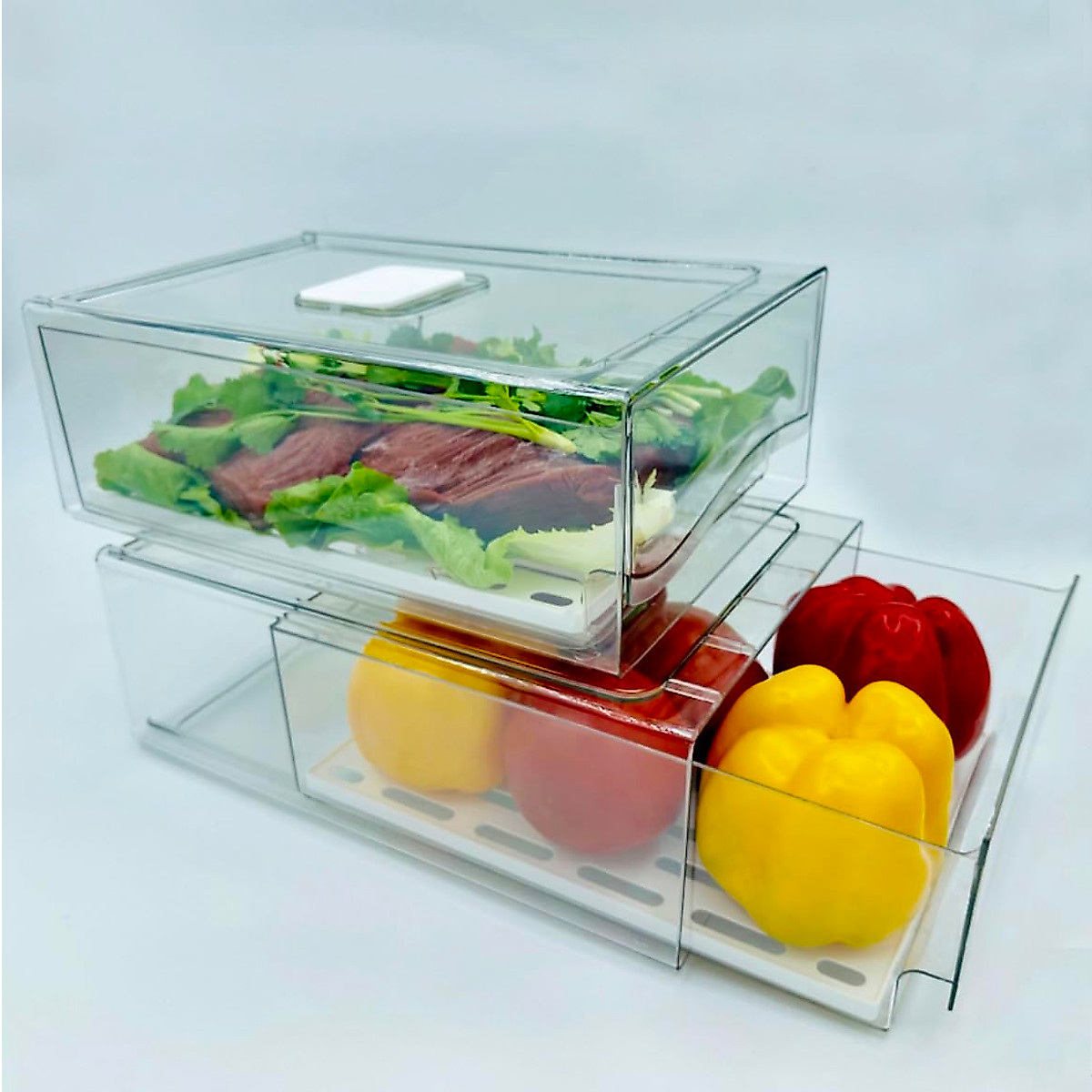 Femoliyes Refrigerator Organizers and Storage Drawer, Stackable Fruit Storage Containers for Fridge, Reusable Fridge Organizer fit for Kitchen Refrigerator and Restaurant Freezer (2 Drawers, Large)