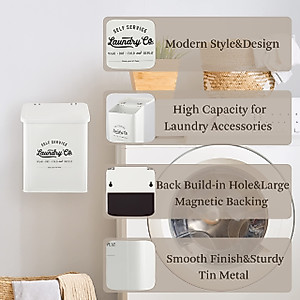 MONJITA Magnetic Lint Bin for Laundry Room, Metal Trash Can with Lid for Dryer, Farmhouse Lint Holder, Laundry Co Sign, Laundry Room Storage Decor with Dryer Lint Brush(White)