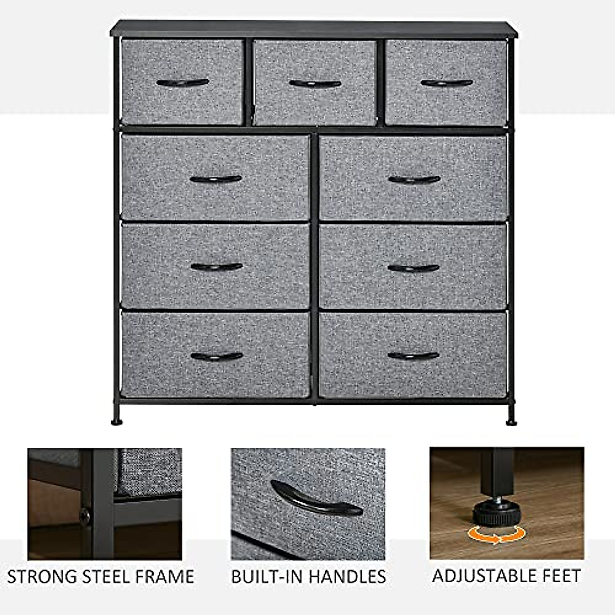 HOMCOM 9 Drawers Storage Chest Dresser Organizer Unit w/Steel Frame, Wood Top, Easy Pull Fabric Bins, for Bedroom, Hallway, Closet, Entryway, Black & Grey