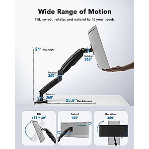 HUANUO Gas Spring Single Monitor Stand, Ultrawide Vesa Mount with Clamp and Grommet Base for 13 to 35 LCD Computer Screen, Upgraded Desk Arm with USB, Holds 4.4 to 26.4 lbs