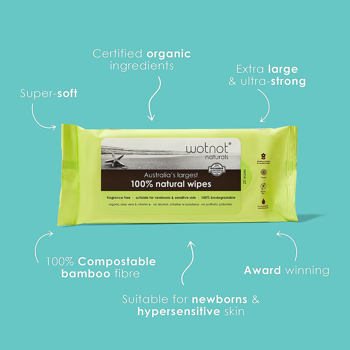 Wotnot - 100% Natural Baby Wipes, Travel Size Soft Pack 20 count (Pack of 8)