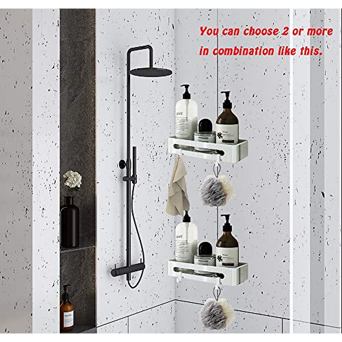 Mihom Shower Caddy Basket Rectangle Shelf With Hooks for Hanging Sponge, With two install ways for customers option of No Drilling holes Wall Mounted Bathroom Shelves, SUS304 Stainless Steel