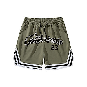 SHENHE Men's Letter Print Drawstring Waist Striped Trim Workout Gym Track Shorts Army Green L