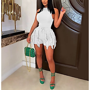 Track Suits for Women Set 2 Piece - Summer Sleeveless Tank Tops High Waisted Fringe Tassel Biker Shorts Sweatsuits Sets Streetwear Beach Vacation Outfits White, XL