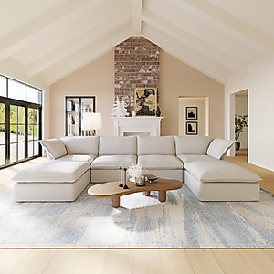 WJShome Cloud Modular Sectional Sofa with Storage Ottoman,165.2" Down Filled Comfort U Shaped Sofa Couch for Living Room,Minimalist Wide Deep Seat Convertible Couches (4 Seater and 2 Ottoman,Beige)