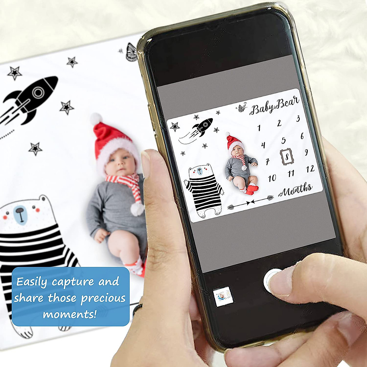 Kmivo Baby Milestone Blanket, Baby Monthly Milestone Blanket for Baby Boy Soft Large Blanket for Newborn to 12 Months with Milestone Marker & Cards (Baby Bear /40”x 51”)