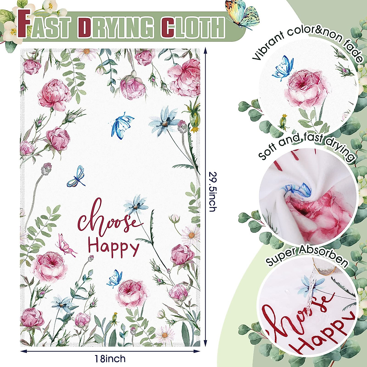 Cunhill 4 Pcs Spring Floral Kitchen Towels Decorative Dish Towels Absorbent Hand Towels Flower Terrycloth Tea Towels Reusable Towels Dishcloth Kitchen Gift for Summer Women Bathroom Home Housewarming