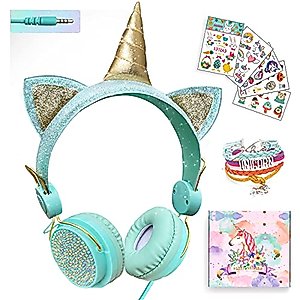 Girls Pink Unicorn Wired Headphones,Cute Cat Ear Kids Game Headset for Boys Teens Tablet Laptop PC,Over Ear Children Headset withMic,for School Birthday Xmas Gifts (Unicorn-Green)