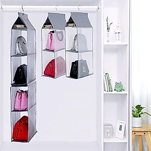 KEEPJOY Detachable Hanging Handbag Purse Organizer for Closet, Purse Bag Storage Holder for Wardrobe Closet with 4 Shelves Space Saving Purse Organizers System (Pack of 2 Grey)