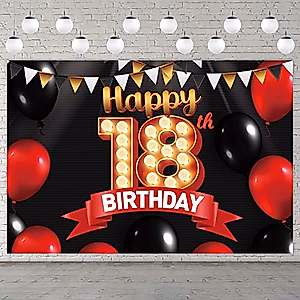 Happy 18th Birthday Black Banner Decorations Gold Backdrop Red and Black Balloons Theme Decor for Girls Women Princess 18 Years Old Birthday Party Supplies Photo Booth Props Background Favors Glitter