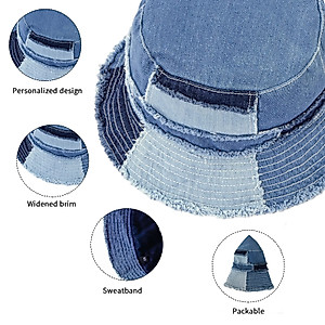 GuanGu Ripped Denim Bucket Hats for Women Washed Packable Summer Beach Sun Hats Mens Bucket Hat for Travel(Classic Denim L/XL)