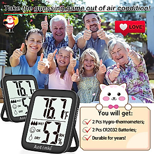 Antonki 2 Pack Room Thermometer for Home, Indoor Hygrometer Humidity Meter Gauge, Digital Temperature and Humidity Sensor Monitor for House, Terrarium, Incubator, Greenhouse - Battery Included