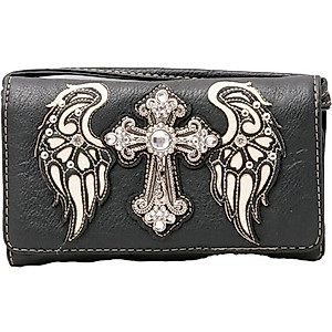 HW Collection Western Purse Rhinestone Cross Angelic Wings Women Handbag Wallet Set (Black)