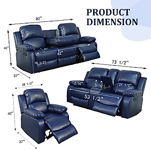 Ocstta Manual Leather Recliner Sofa Set for Living Room Furniture Set,Leather Recliner Couch Set for Home/Office,Leather Couch Set for 3-Pieces(Sofa+Loveseat+Chair) Blue
