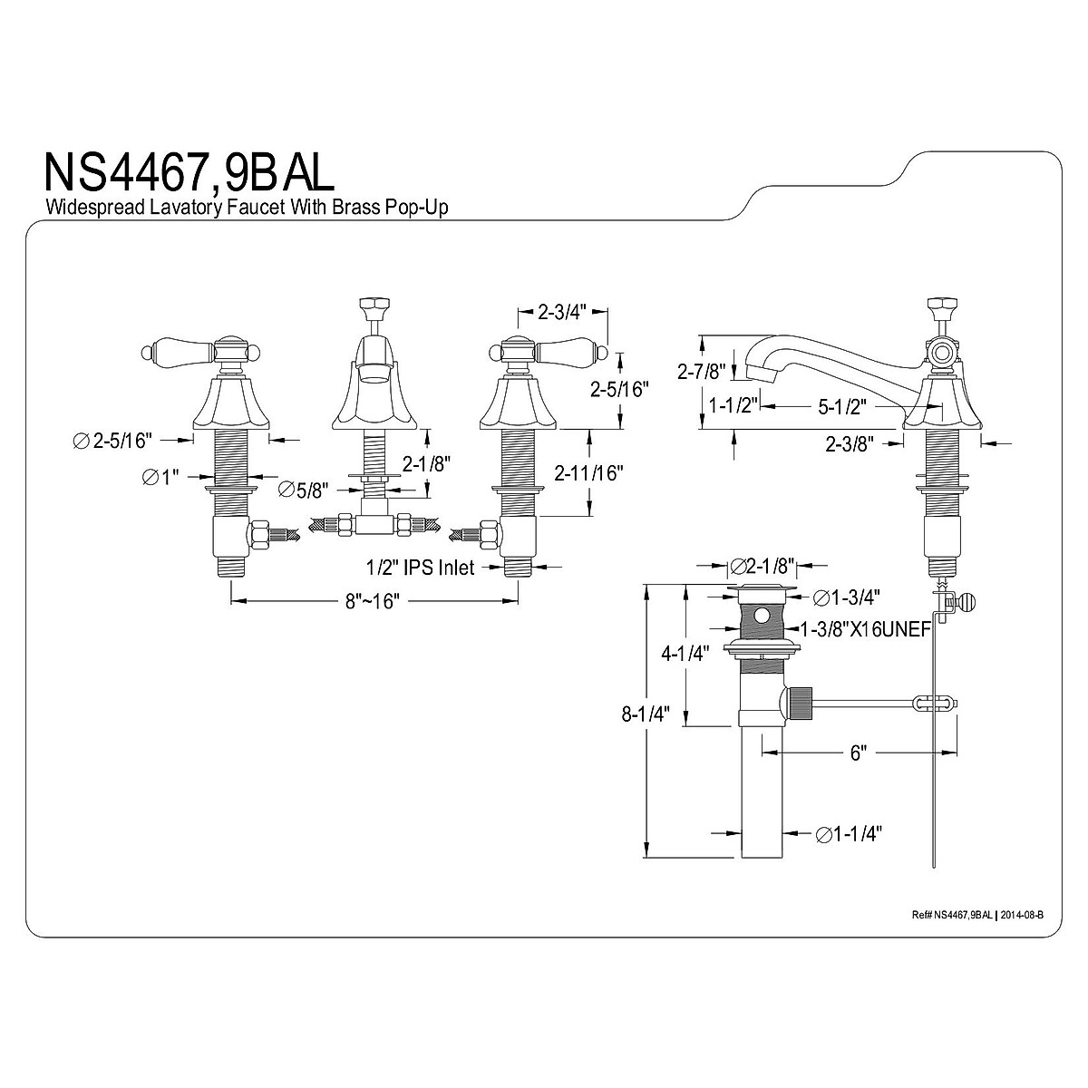 Kingston Brass NS4467BAL Water Onyx Widespread Lavatory Faucet with Brass Pop-up Drain, Black Stainless Steel with Chrome Trim
