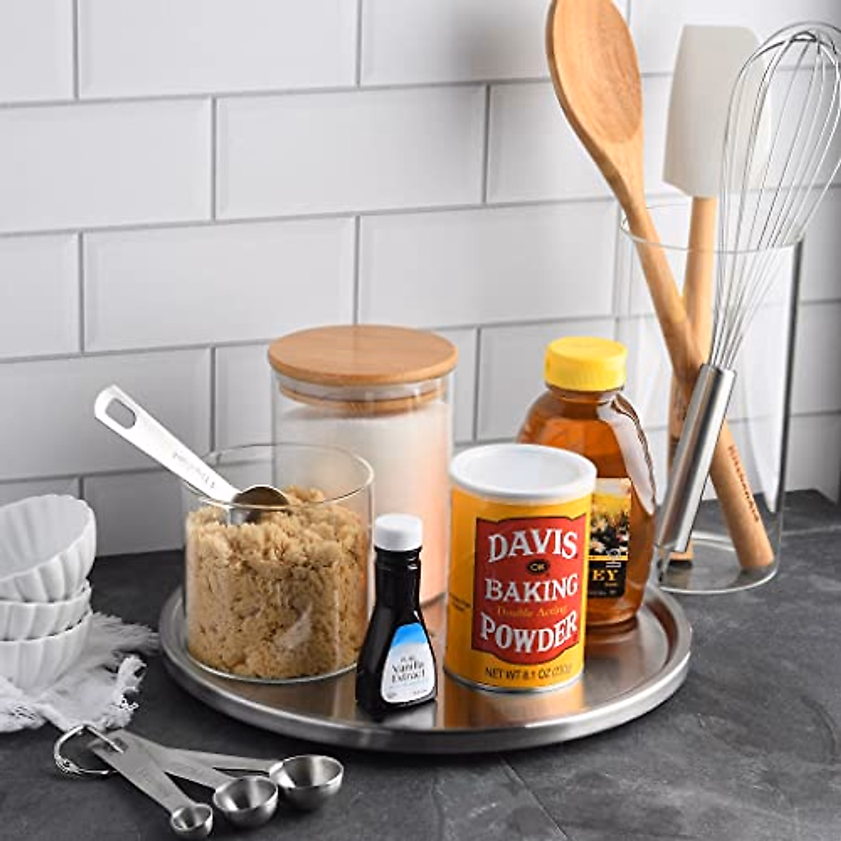 1 Tier Lazy Susan by Lovotex: Stainless Steel 360 Degree Turntable – Rotating 2-Level Tabletop Stand for Your Dining Table, Kitchen Counters and Cabinets – Turning Table Spice Rack Organizer Tray