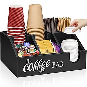 Coffee Station Organizer, Coffee Cup Holder for Counter, Wood Coffee Pod Holder Storage Basket, Coffee and Tea Condiment Organizer for K Cup Sugar, Rustic Coffee Bar Decor for Coffee Accessories