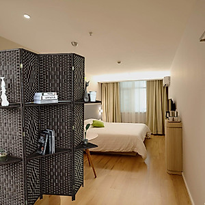 4 Panels Room Screen Divider Hand-Woven Design Room Divider 6 Ft High Fiber Freestanding Privacy with Wooden Removable Storage Shelves Screen Suitable for Living Room and Study, Brown