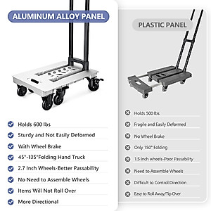 KEDSUM Aluminum Panel Folding Hand Truck Dolly, 90 & 135° Foldable Dolly Cart, Heavy Duty Luggage Cart, Platform Cart Utility Cart with 6 Wheels & 2 Lashing Straps for Moving, Travel, Shopping Use