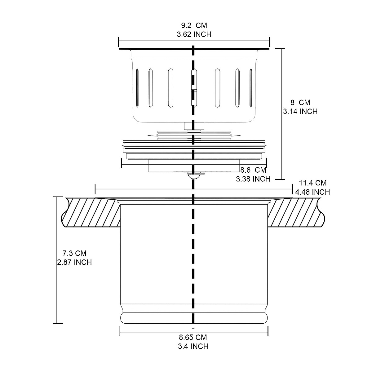 BOTEMY Extended Garbage Disposal Flange Basket Strainer Stopper, Deep 304 Stainless Steel Kitchen Sink Flange for 3-1/2 Inch Standard Sink Drain Hole, Matte Black Deep Sink Disposal Flange Stopper