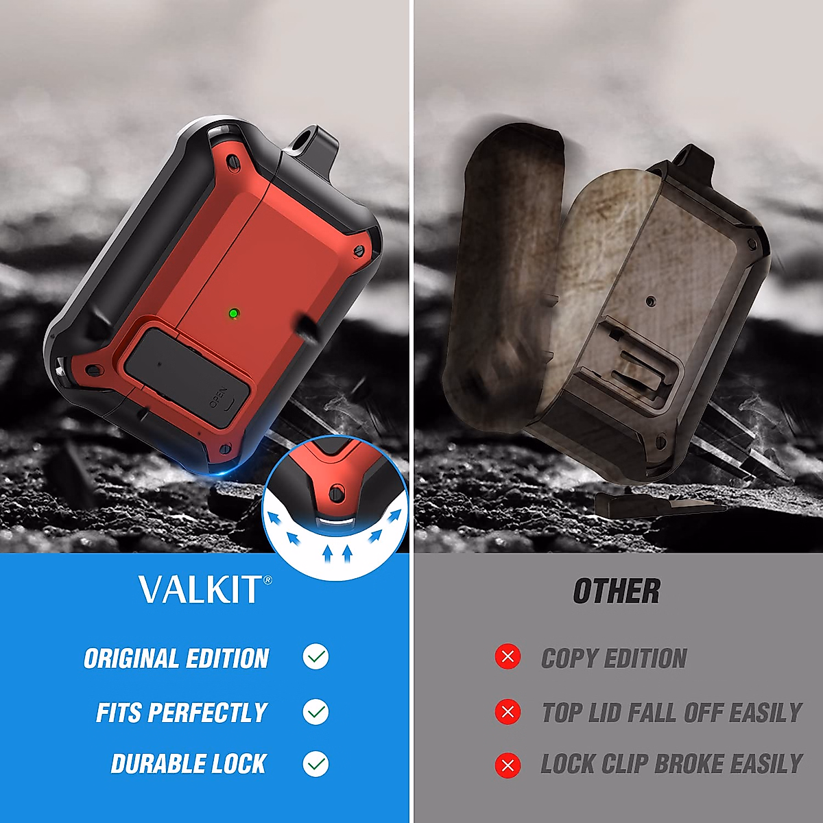 Valkit for Airpods Pro Case Cover with Lock, Military Armor Series Full-Body AirPod Pro Case with Keychain Cool Air Pod Pro Shockproof Protective Case for AirPods Pro 2019, Black/Red