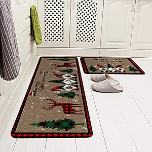 Subently Christmas Kitchen Mats Anti Fatigue Set of 2 Deco Gnome Kitchen Runner Floor Mats Non-Slip Area Carpets Christmas Tree Deer Kitchen Runner Set Country Farmhouse Washable Doorway Sink Bathroom