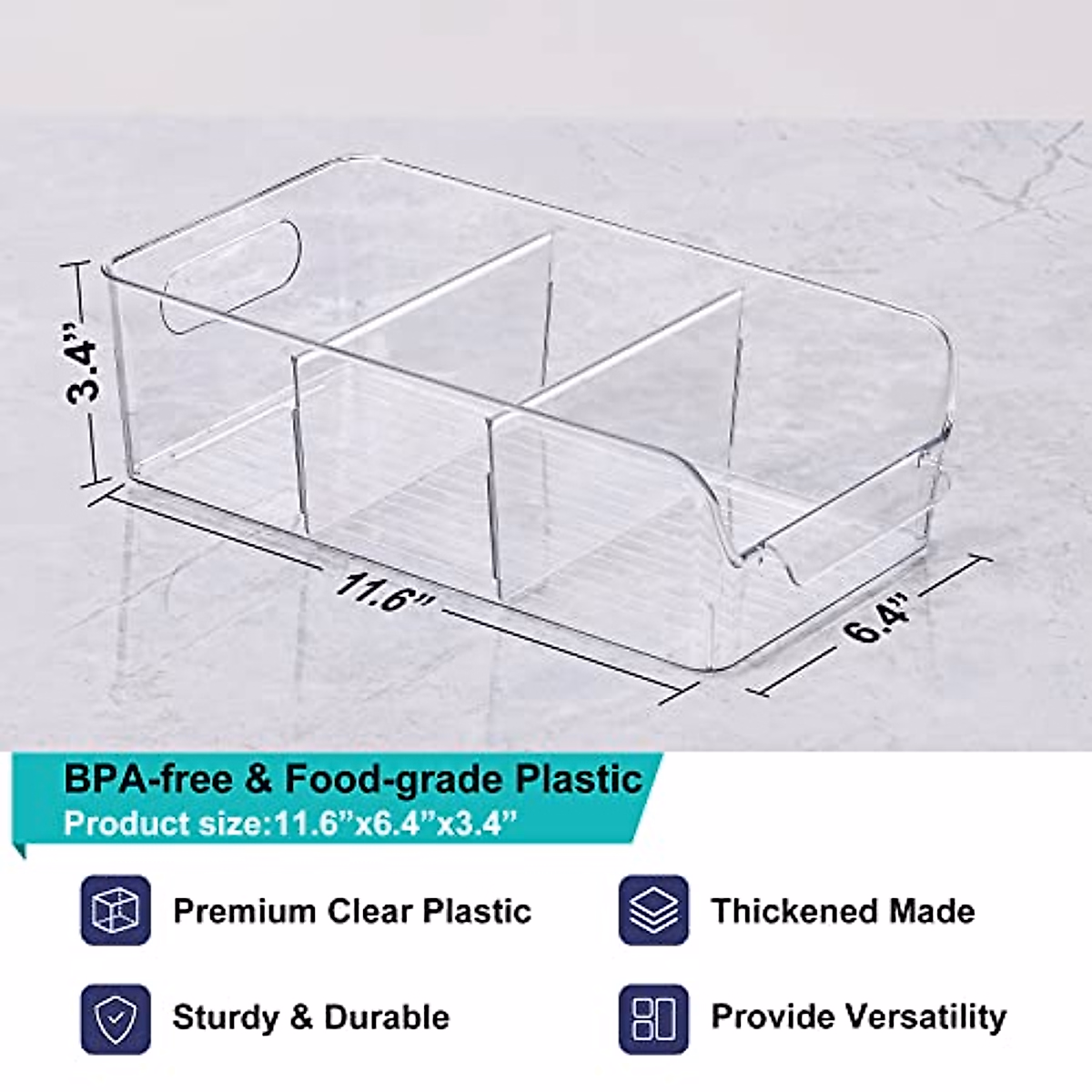 Set of 8, Stackable Clear Bins with Removable Dividers - Food Snack Organizer, Pantry Organization and Storage - Plastic Home Containers - Refrigerator, Fridge, Kitchen Cabinet Organizing Bins