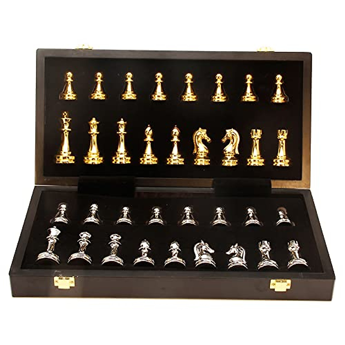 Chess Set, Large Metal Deluxe Travel Chess Set Adult Board Game with Alloy Pieces & Portable Folding Wooden Chess Board, Creative Gift