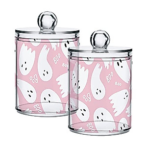 Clear Plastic Jar Set for Cotton Ball, Cotton Swab, Cotton Round Pads, Floss, Pink Cute Halloween Ghost Bathroom Canisters Storage Organizer, Vanity Makeup Organizer,2Pack