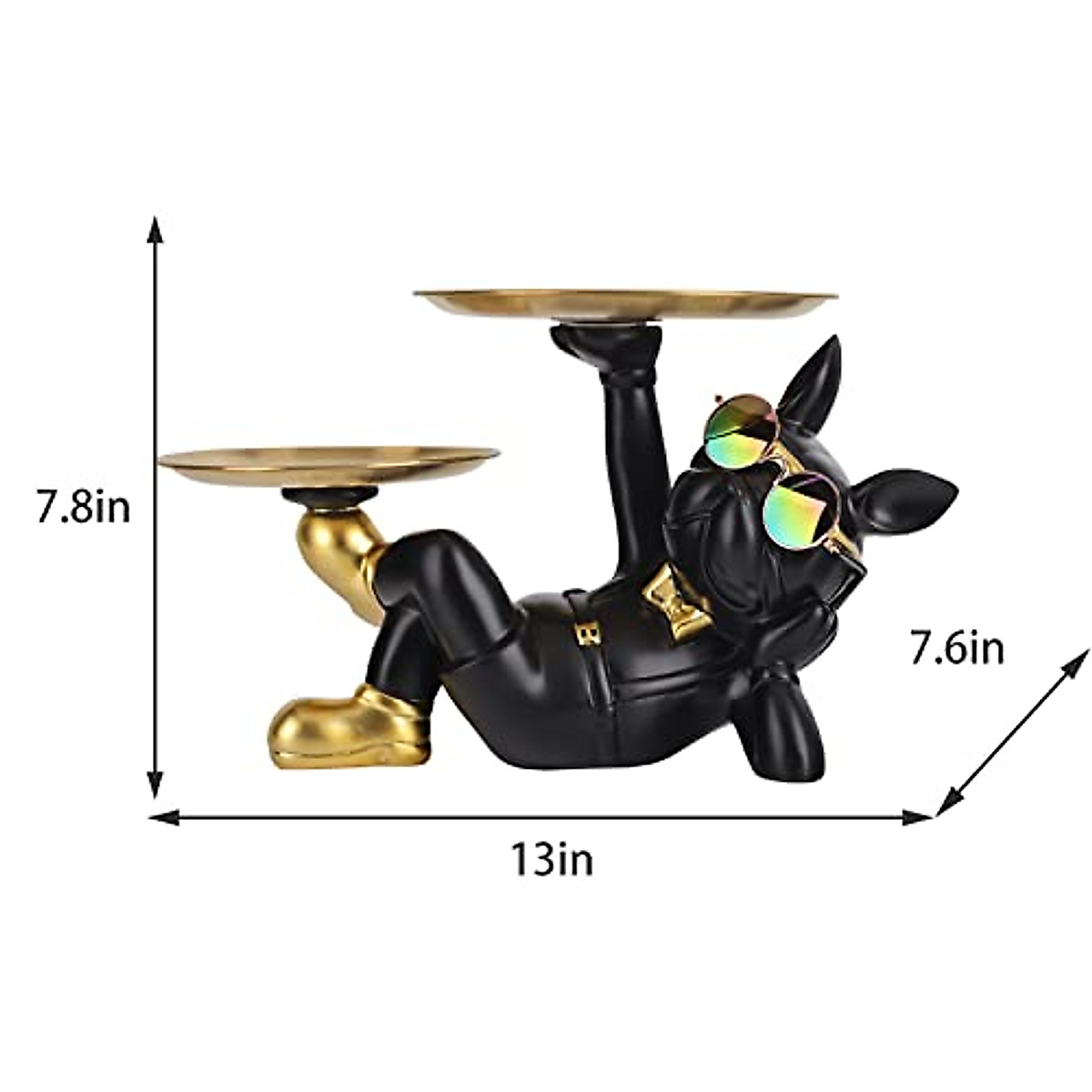 Resin Bulldog Storage Tray Key Candy Jewelry Earrings Tray, 2 Metal Trays Animal Sculpture Table Decoration French Bulldog Figurine Sculptures for Home Decor Living Room Office Fun Ornament (Black)