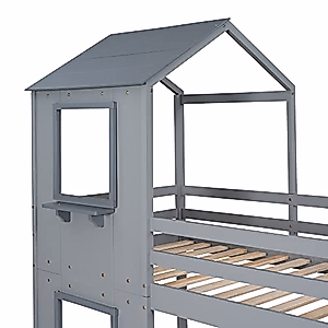 Twin House Bunk Beds Wooden Low Floor Bunk Bed with Roof & Window Twin Over Twin Bunk Beds with Stairs and Storage for Kids Teens, Grey