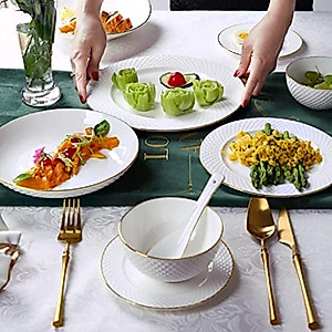 GagalU Plate Set –Ceramics Dinner Sets Ceramics Dinnerware Set,Bowl/Dish/Soup Pot/Spoon|Dinner Sets,White Embossed Gold Rim Pattern Porcelain Combination Set,49pieces