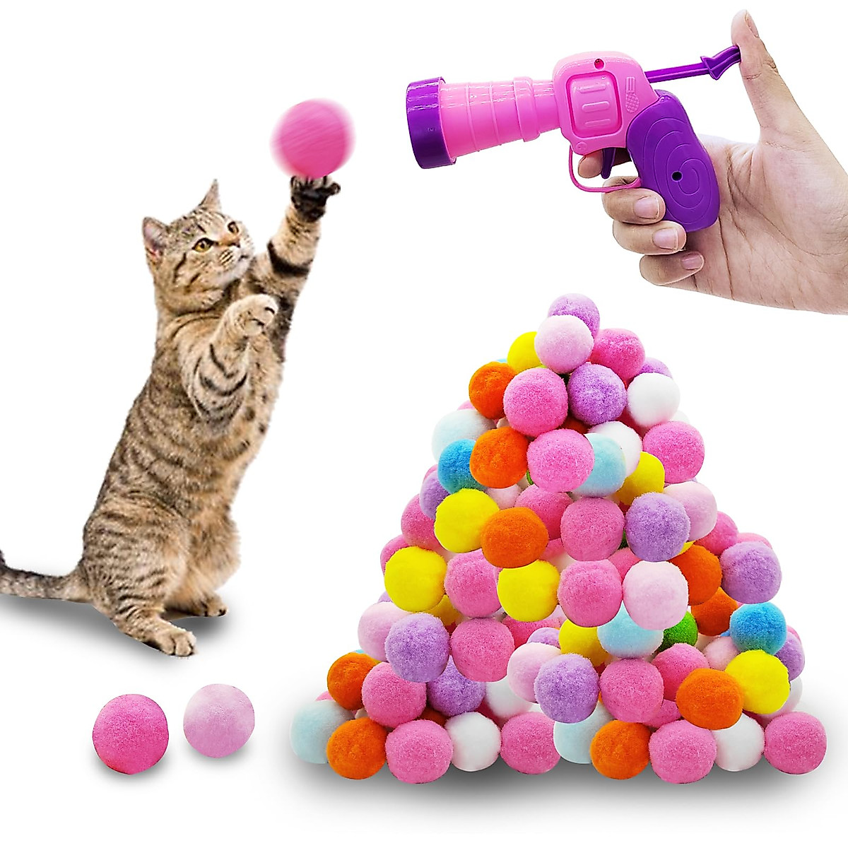 Andiker Cat Toy Balls Set, 30pcs Plush Cat Pom Pom Balls&a Plastic Launcher Set for Cat Catch&Fetch Interactive Cat Toy with Colorful&Soft Cat Balls for Indoor Cats to Keep Fit (Pink 100balls)