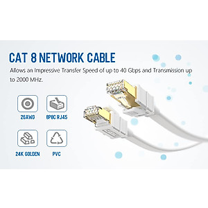 Larrok Cat 8 Ethernet Cable 6FT, High Speed Flat Internet LAN Cable 40Gbps 2000Mhz with Gold Plated SFTP RJ45 Connector, 26AWG Indoor Network Cable for Modem/Router/Xbox/PS4/Gaming/PC White
