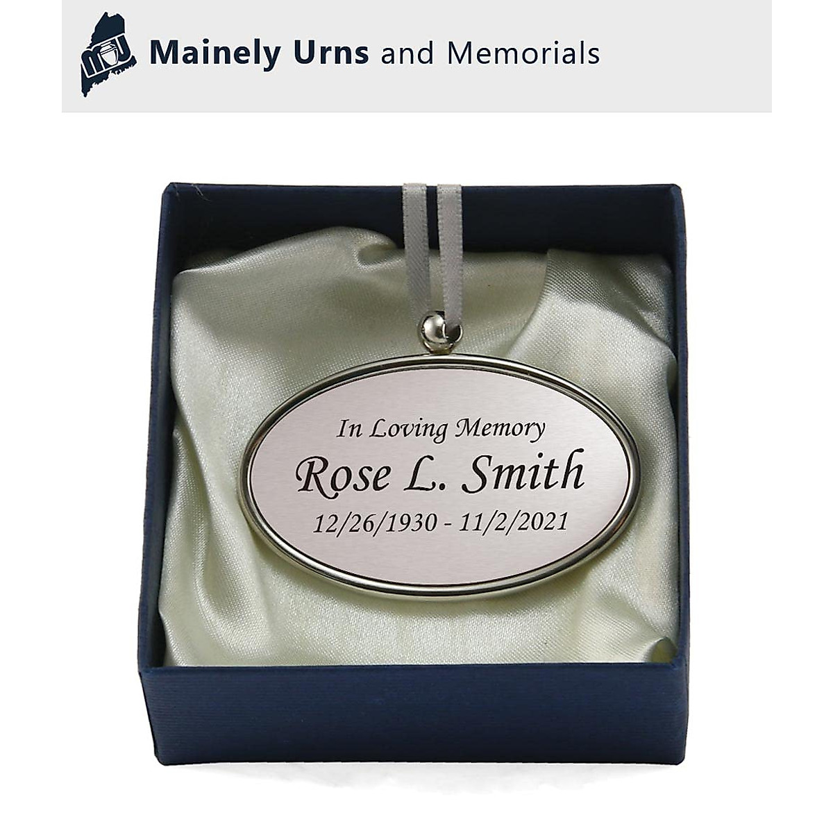 Hanging Silver Oval Personalized Pendant For Cremation Urns That Can’t Be Engraved - Includes Silver Satin Ribbon - Made of Solid Brass - Silver Tone Finish with Black Engraving