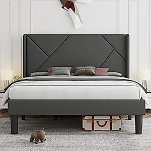 King Size Bed Frame with Headboard, Upholstered Platform Bedframe with Wingback, Heavy-Duty Metal Frames with Solid Wooden Slats No Box Spring Needed (Dark Grey, King (U.S. Standard))