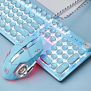 Gaming Keyboard and Mouse,Retro Steampunk Vintage Typewriter-Style Mechanical Keyboard with White LED Backlit,104-Key Anti-Ghosting Blue Switch Wired USB Metal Panel Round Keycaps(Blue)