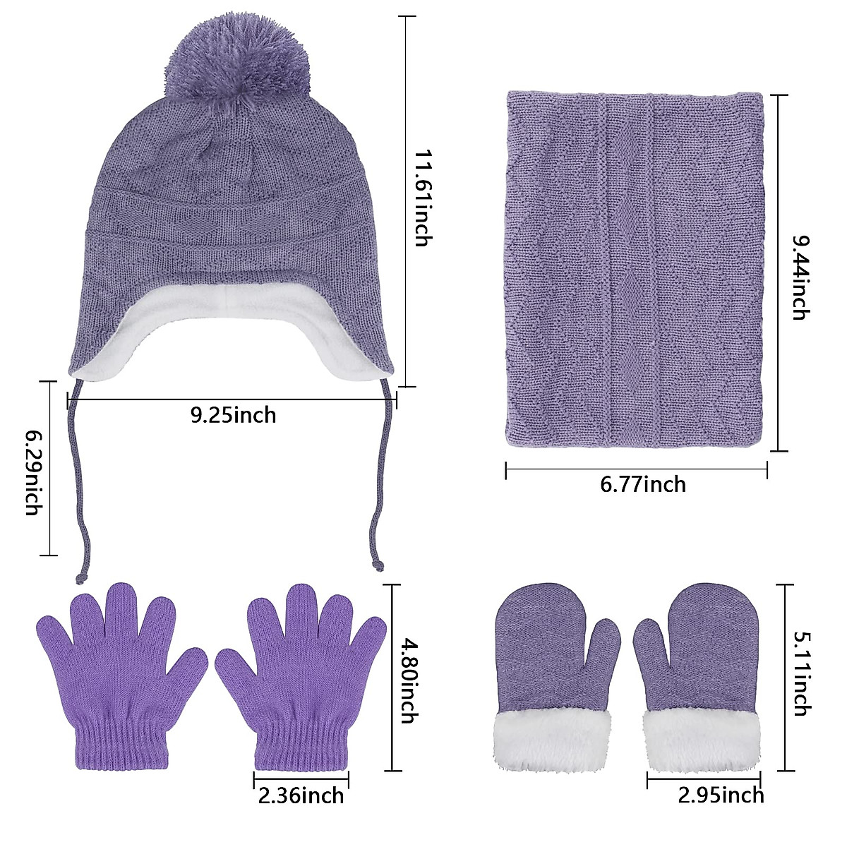 Hicdaw 6PCS Toddler Winter Hats and Baby Mittens Gloves Neck Warmer Set Baby Winter Hat Scarf Gift for Kid Boys Girls(Purple)